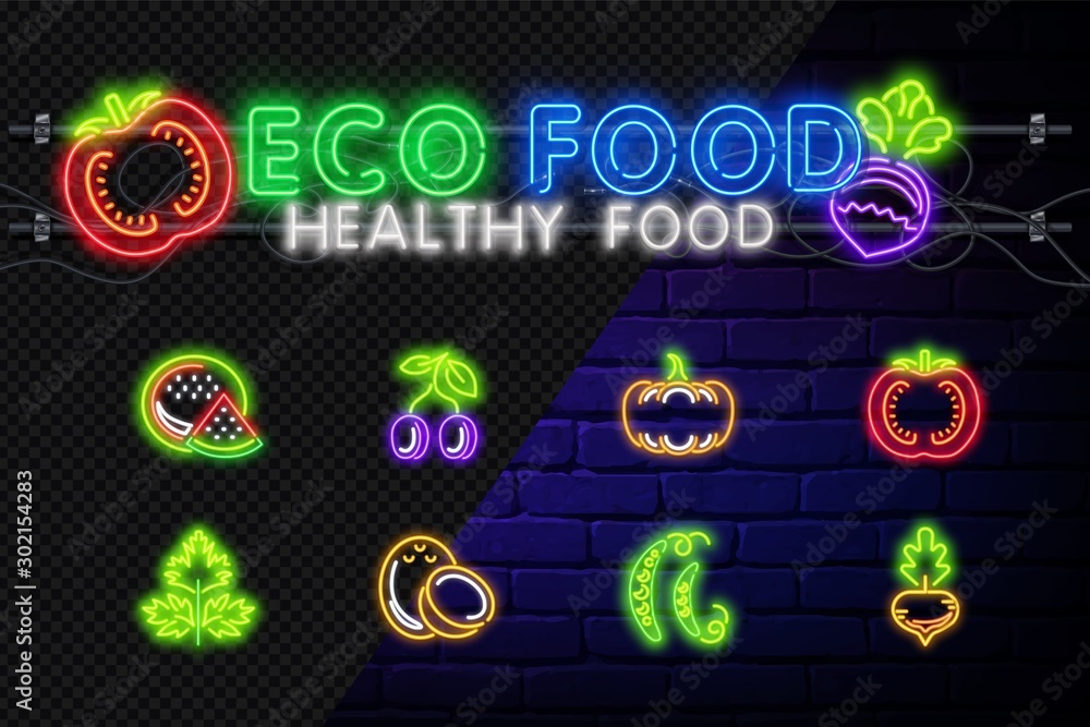 Set of neon icons of fruits and berries.Vegetables ecologically clean ...