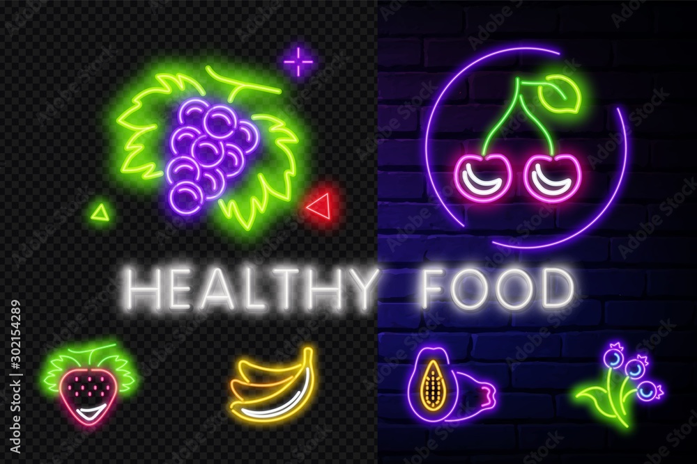 Set of neon icons of fruits and berries. cherry, tropical pineapple and ...