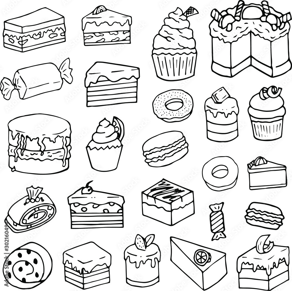 Pasrty Sweet Dessert Food Doodle Cartoon Cute Outline Vector Elements ...