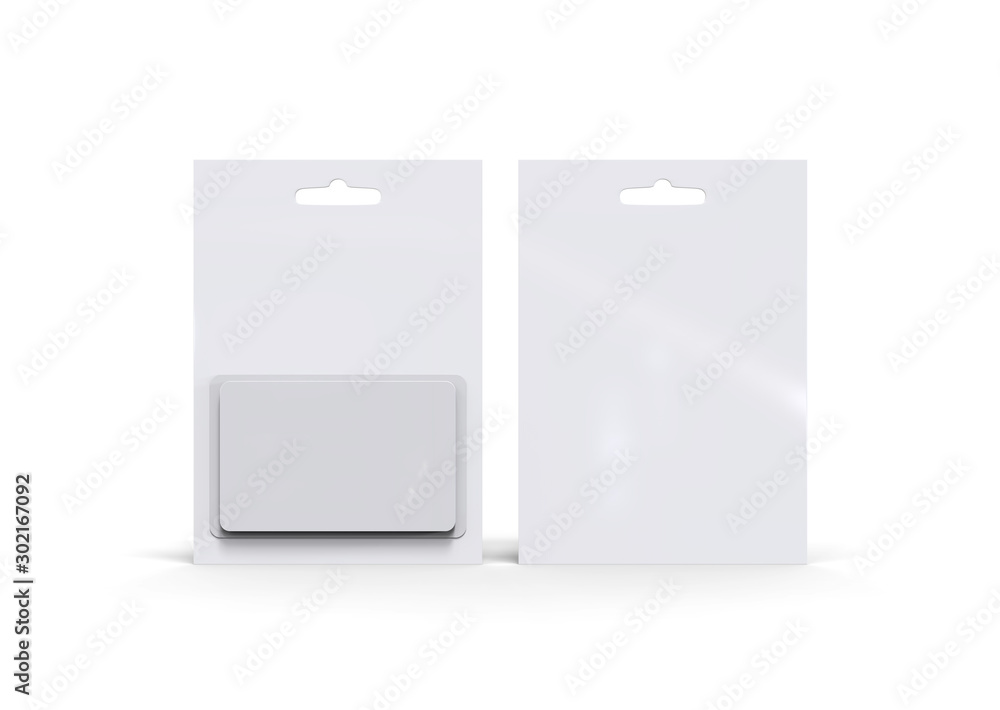 Plastic gift card in paper blister pack mock up template on isolated ...