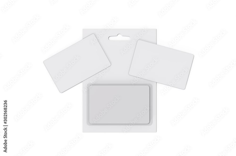 Plastic gift card in paper blister pack mock up template on isolated ...