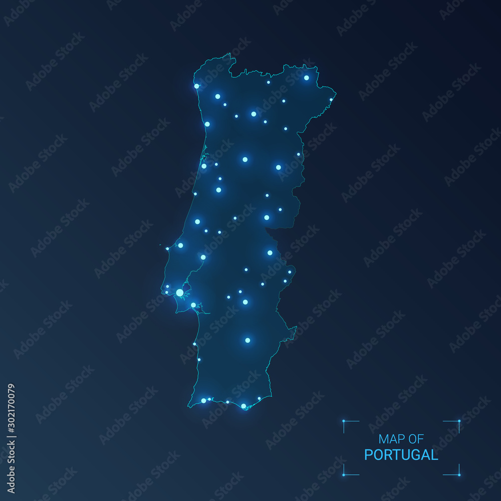 Portugal map with cities. Luminous dots - neon lights on dark ...