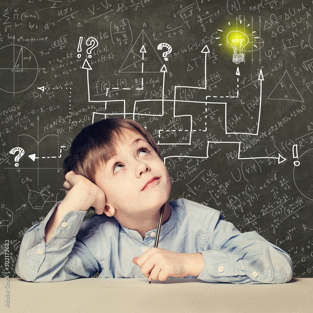 Thinking child boy with question signs and light idea bulb, education ...