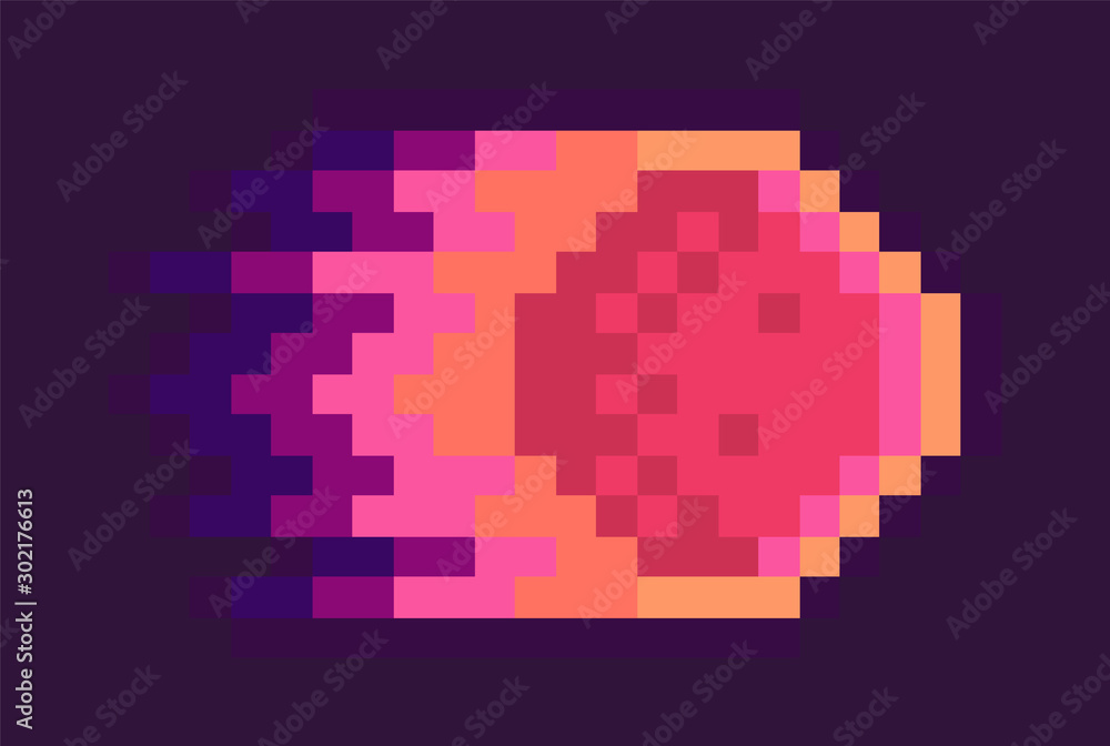 Meteor vector, isolated icon of falling asteroid in fire, pixelated graphics of element of 8 or ...