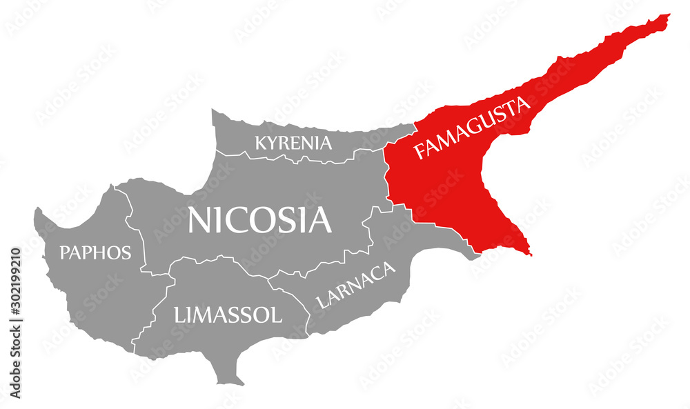 Famagusta red highlighted in map of Cyprus Stock Illustration | Adobe Stock