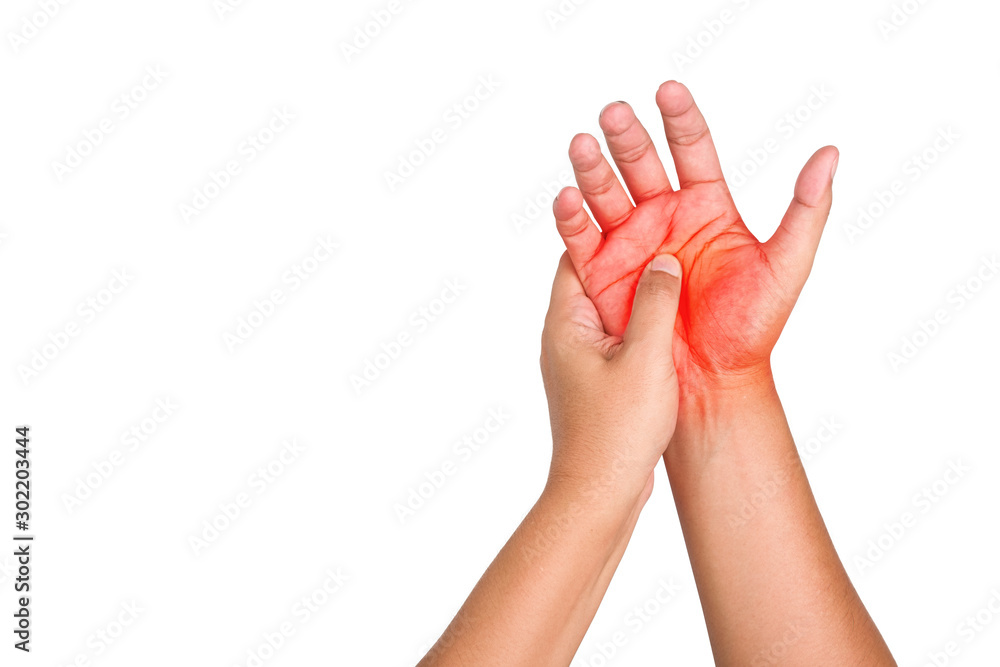 The human hands having sore palm from muscle strain, He touches the red ...