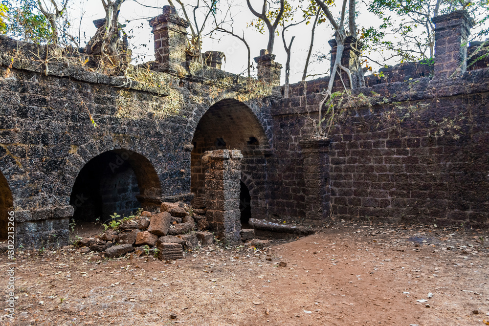 Ruins of Yashwantgad Fort. Old walls covered by trees, Redi ...