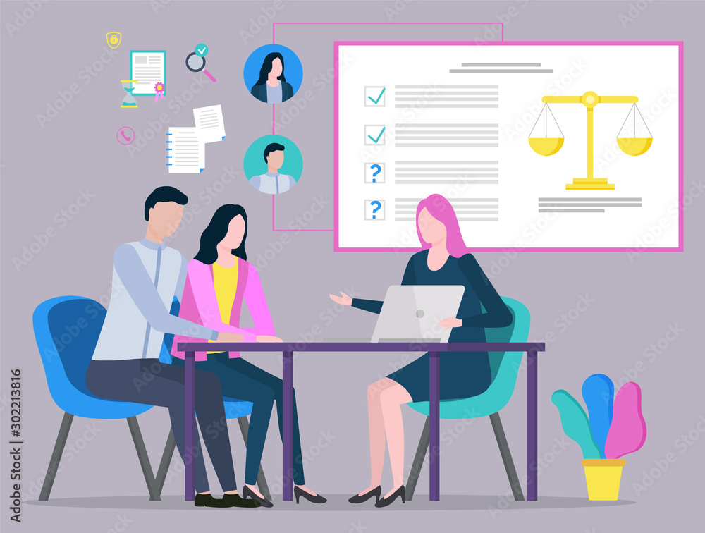 Lawyer discussing with clients, judge consultation, legal advice, plan ...