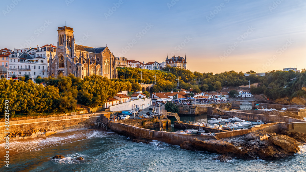 Panoramic view of Biarritz cityscape, coastline with its famous sand ...