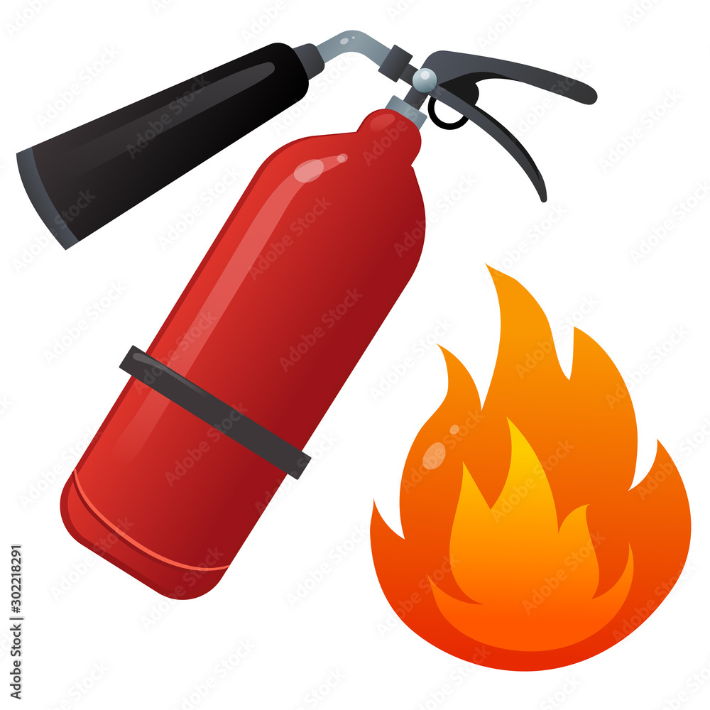 Color image of fire extinguisher on a white background. Fire, flame ... Color image of fire extinguisher on a white background. Fire, flame ...