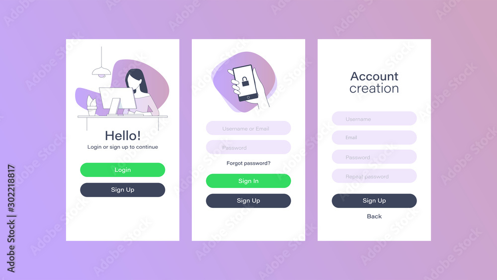 Mobile login screen and sign up page for the site and mobile ...