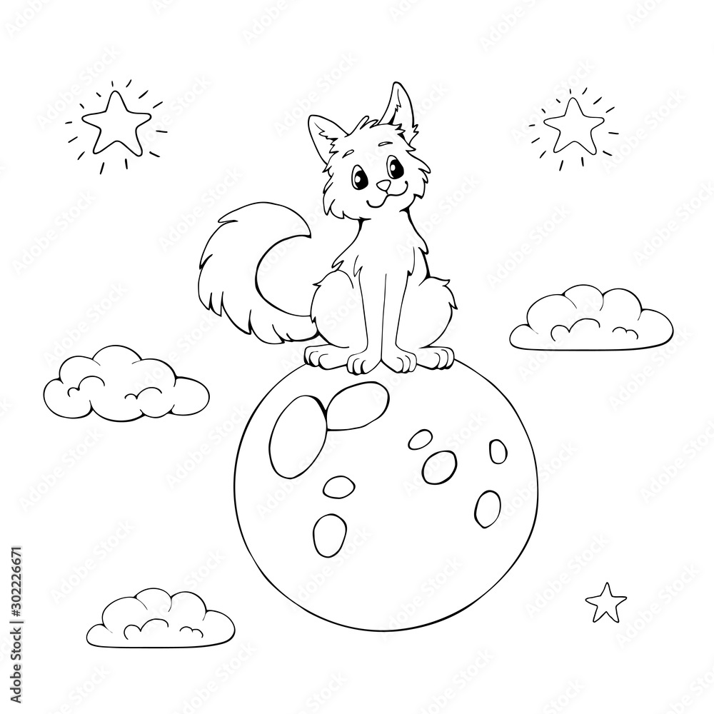 Cute cartoon wolf cub seeting on the moon. Isolated objects on white ...