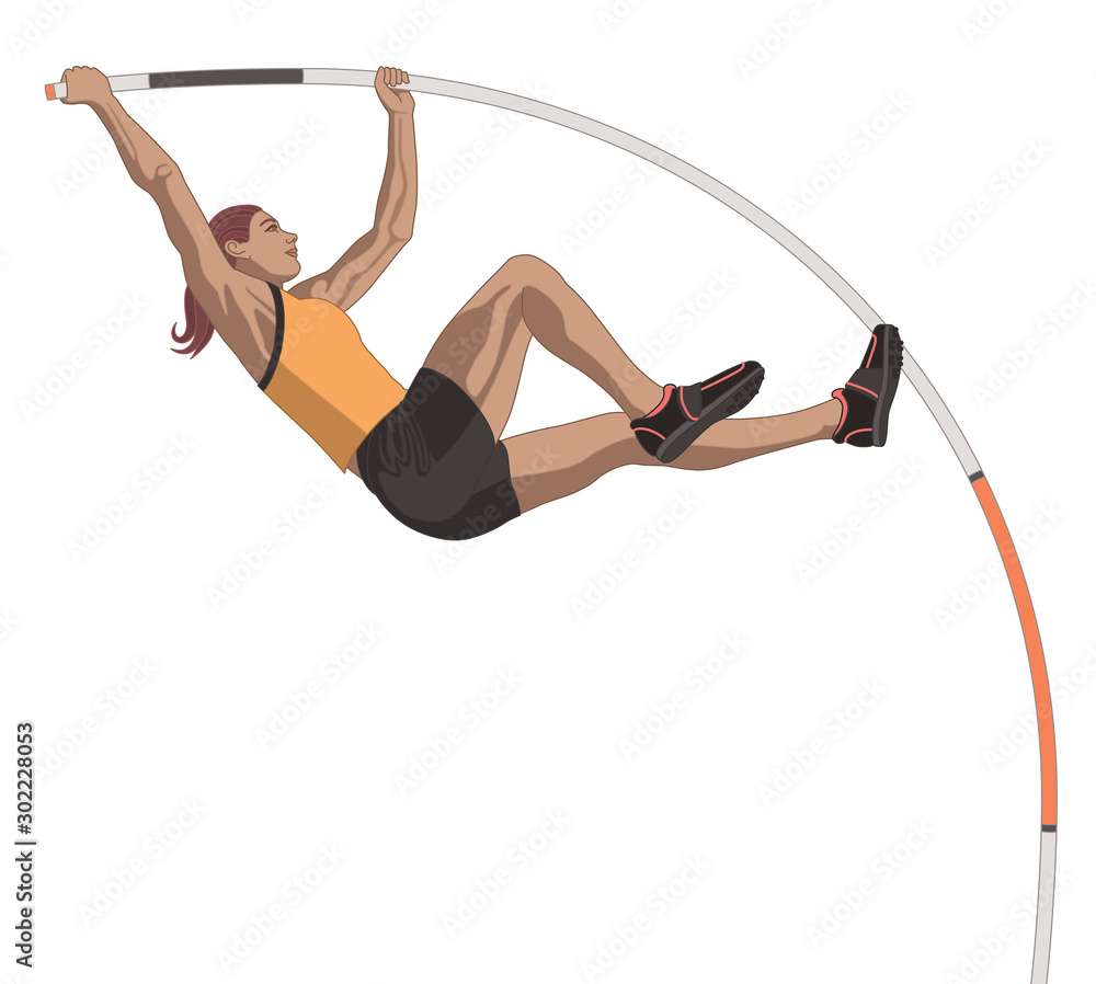 Poster female pole vaulter, vaulting in mid air isolated on a white ...