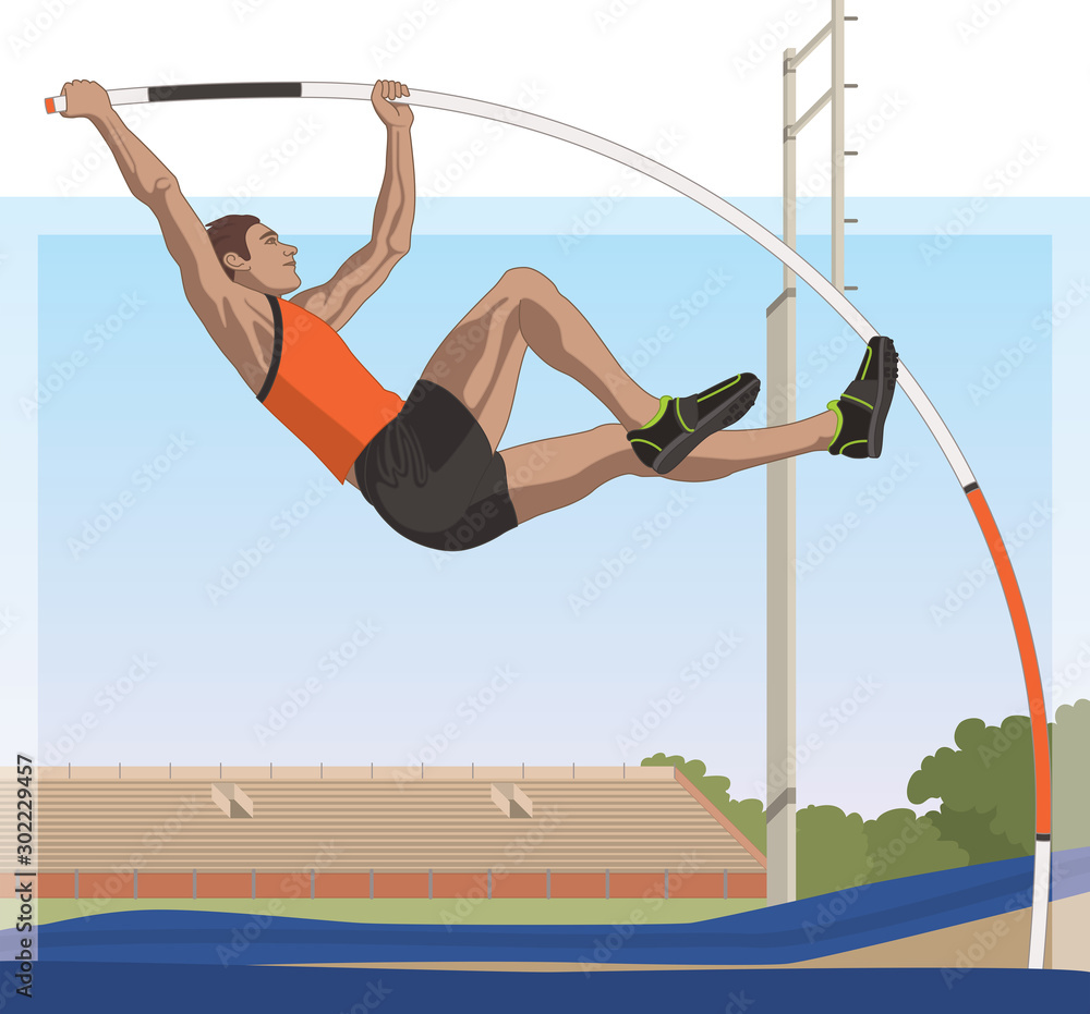 male pole vaulter, vaulting in mid air with track and field in the ...