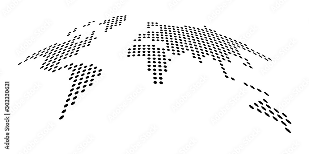 Dotted map of World. Side view distortion. Black vector dots on white ...