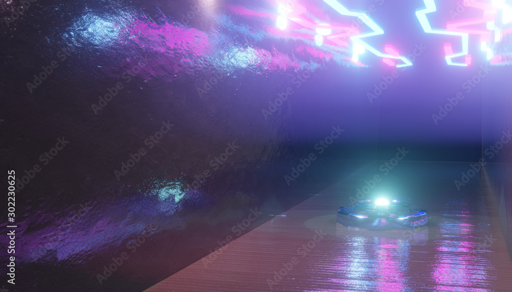 3d render, neon light, glowing lines, ultraviolet, stage, triangular ...
