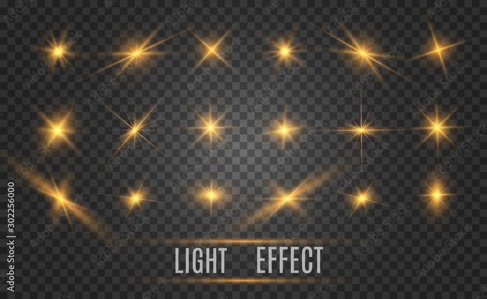 Set of bright beautiful stars. Light effect. Bright Star. Beautiful ...