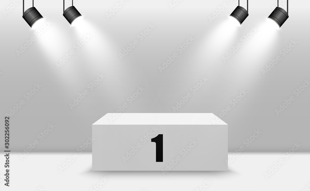 Realistic white podium with spotlights. Winner place. First place ...