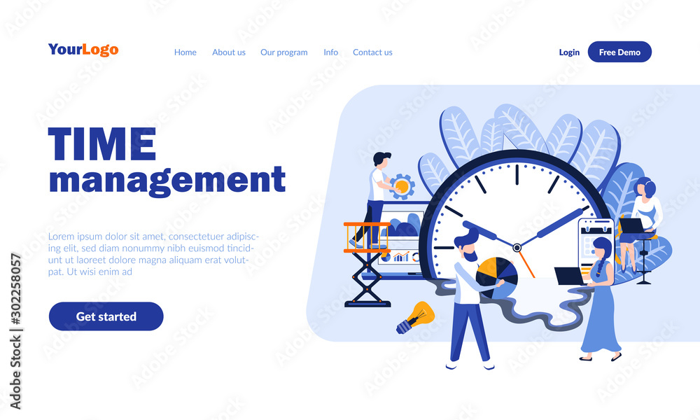 Time management flat landing page template with header. Working hours ...