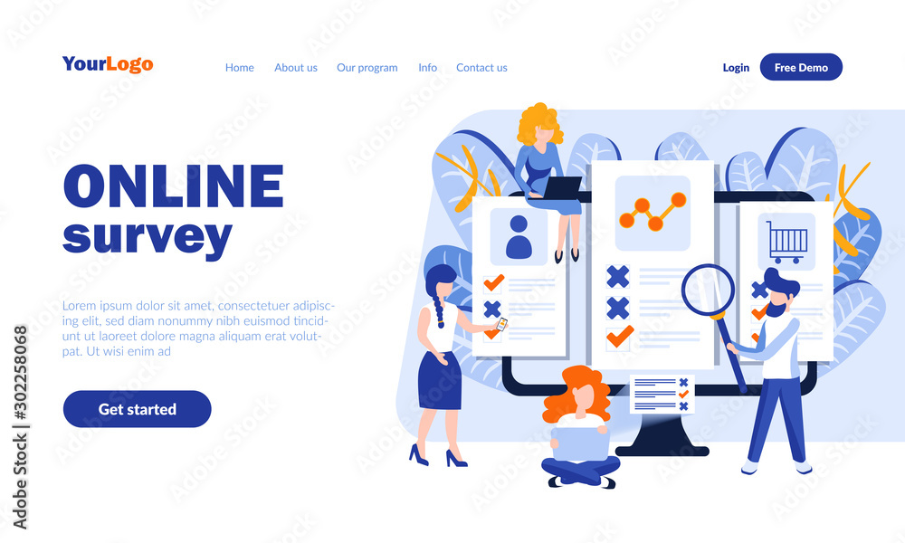 Online survey vector landing page template with header. Internet ...