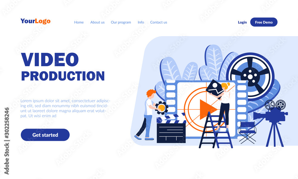 Video production vector landing page template with header. Movie ...
