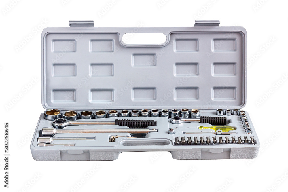 Socket wrench toolbox isolated on white background. New opened tool box ...