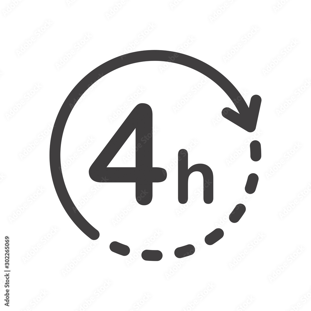 Four hours round icon with arrow. Black and white vector symbol. Stock ...