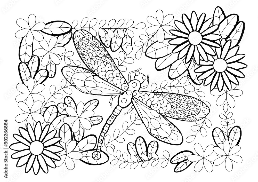 Outline vector illustration of flying dragonfly in flowers, branches ...