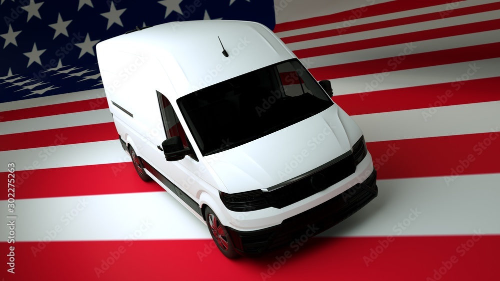 USA Logistics Concept. White Delivery Van on USA Flag background. 3d ...