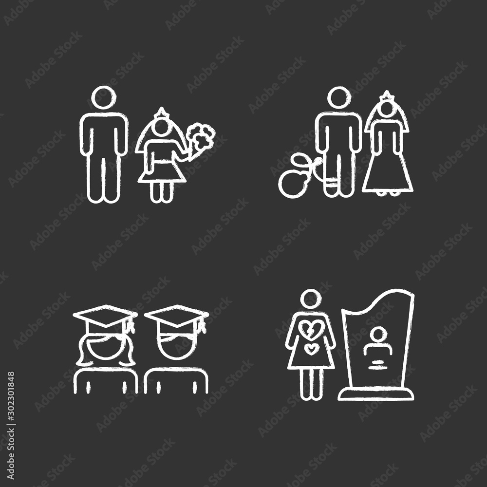 Gender equality chalk icons set. Child marriage. Education equality ...