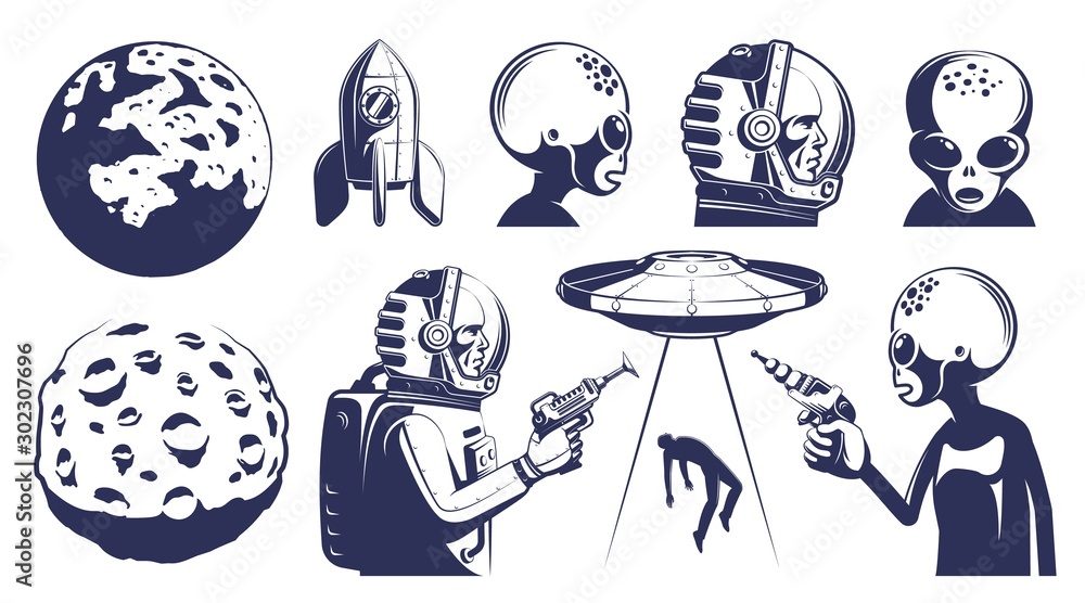 Space design elements set in retro style. Astronaut and alien. Planets ...