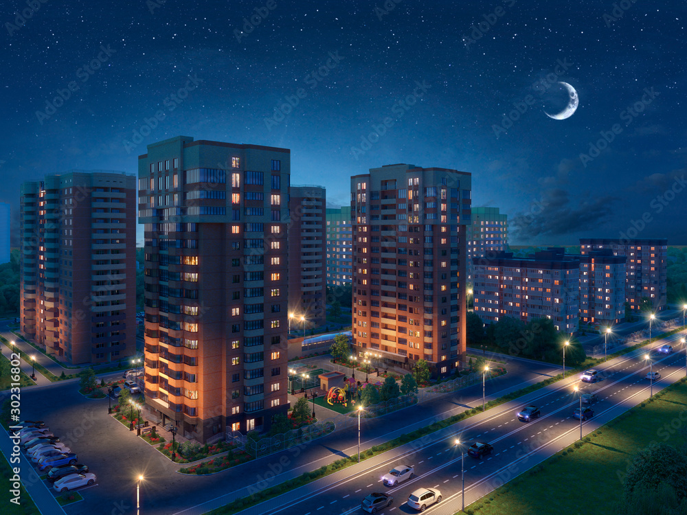 Poster 3d visualization of night view of Residental complex – Wall Art ...