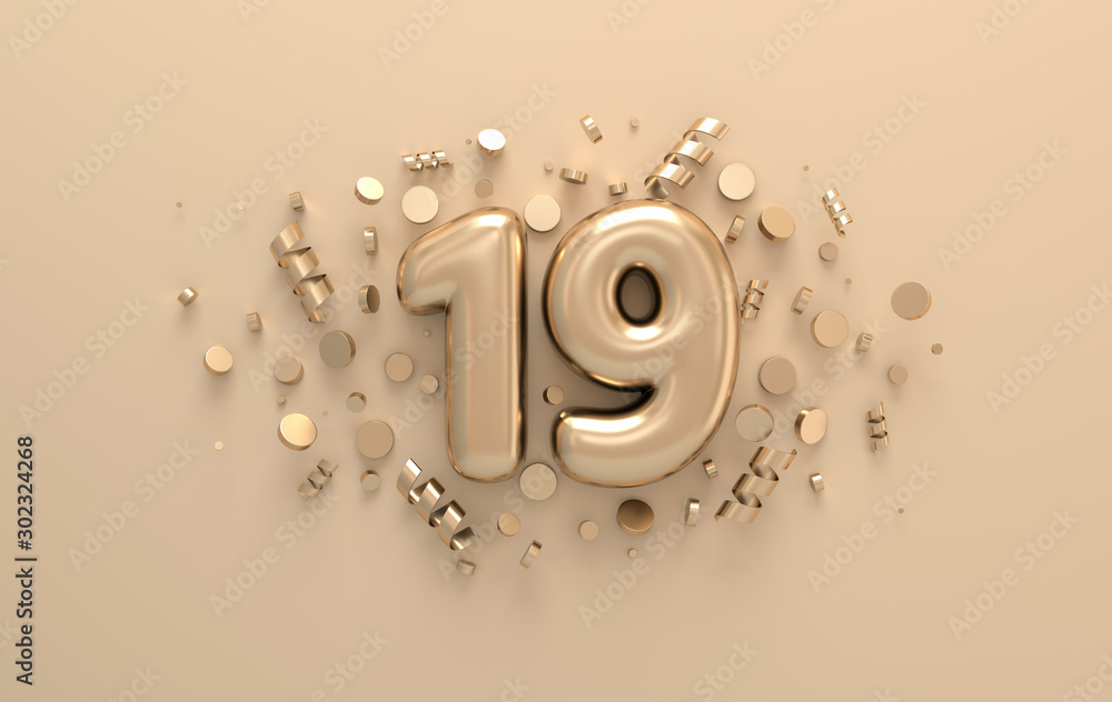 Golden 3d number 19 with festive confetti and spiral ribbons. Poster ...