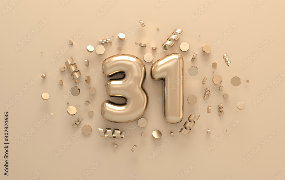 Golden 3d number 31 with festive confetti and spiral ribbons. Poster ...