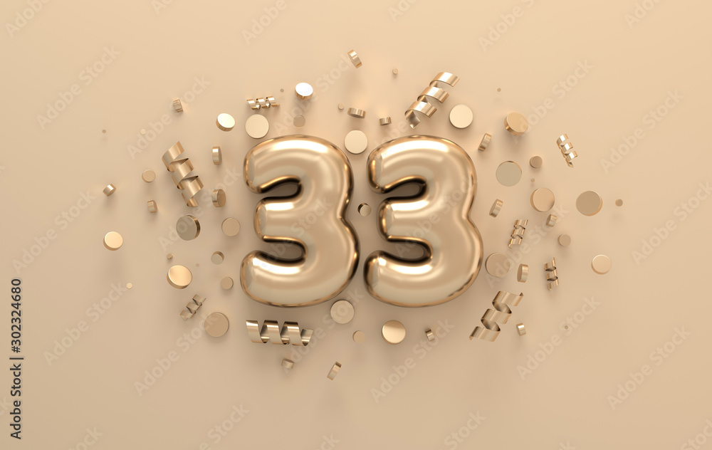 Golden 3d number 33 with festive confetti and spiral ribbons. Poster ...