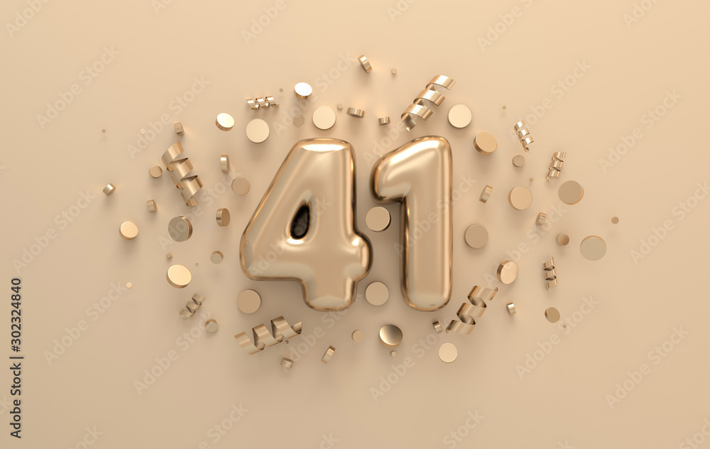 Golden 3d number 41 with festive confetti and spiral ribbons. Poster ...