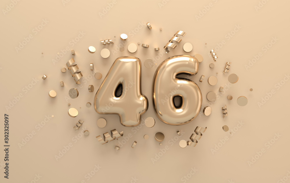 Golden 3d number 46 with festive confetti and spiral ribbons. Poster ...