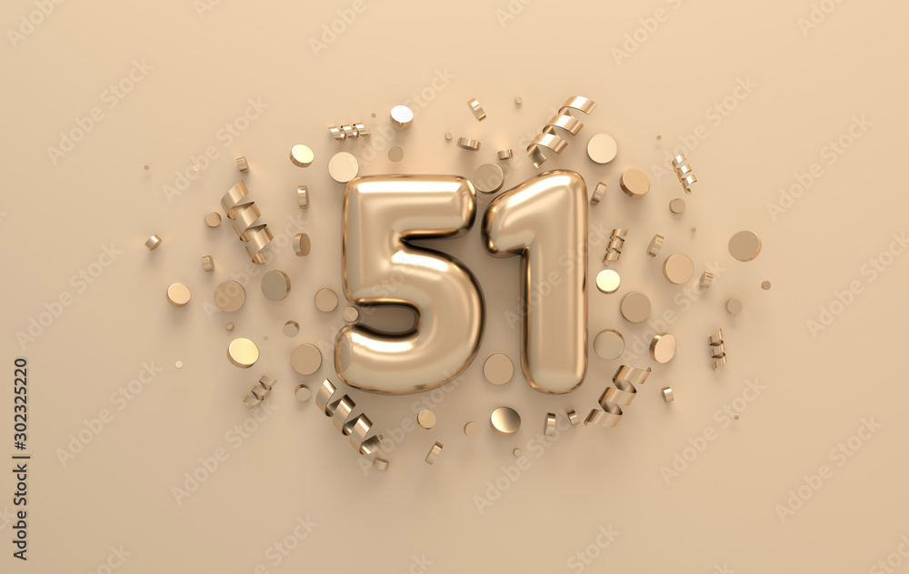 Golden 3d number 51 with festive confetti and spiral ribbons. Poster ...