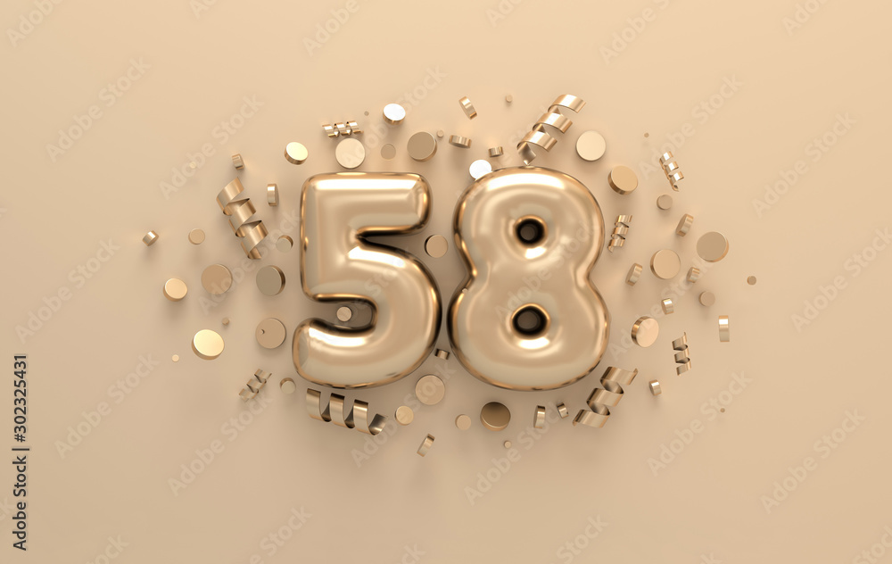 Golden 3d number 58 with festive confetti and spiral ribbons. Poster ...