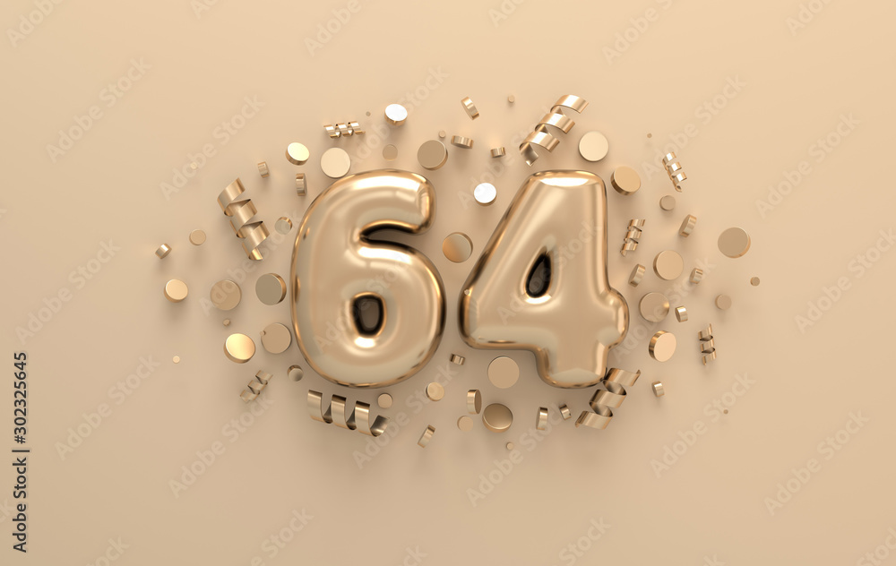 Golden 3d number 64 with festive confetti and spiral ribbons. Poster ...