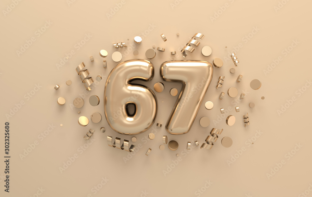 Golden 3d number 67 with festive confetti and spiral ribbons. Poster ...