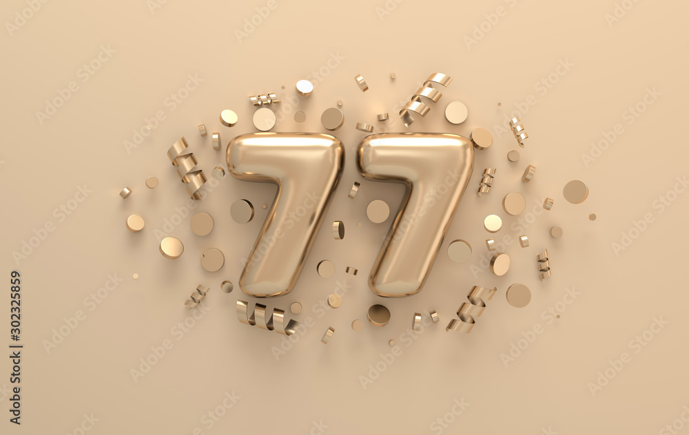 Golden 3d number 77 with festive confetti and spiral ribbons. Poster ...