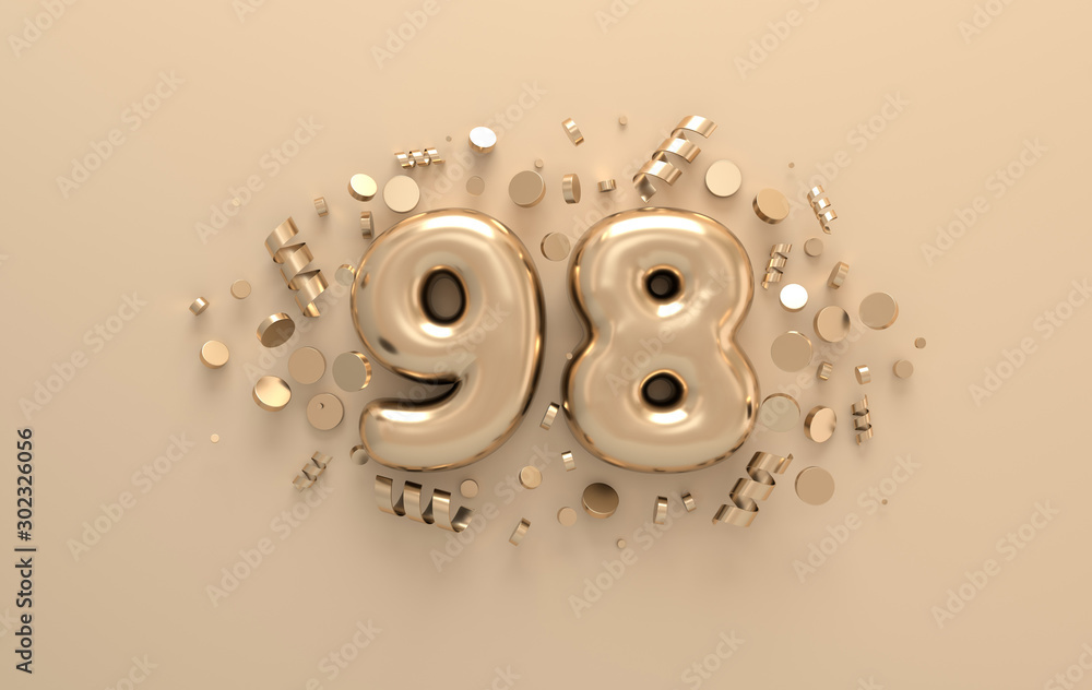 Golden 3d number 98 with festive confetti and spiral ribbons. Poster ...