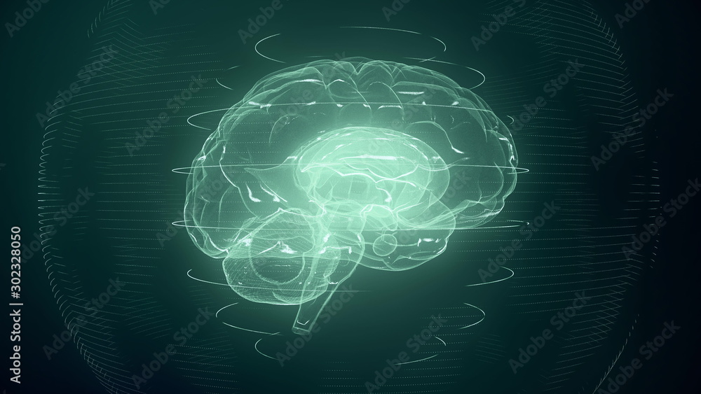 Futuristic blue digital brain in particle cyberspace. Neurons firing in MRI scan of artificial ...