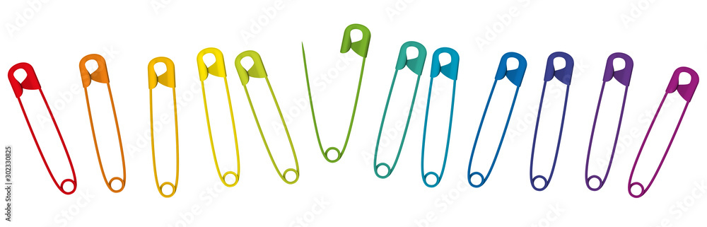 Colorful safety pins. Set of 12 rainbow colored baby pins in a row ...