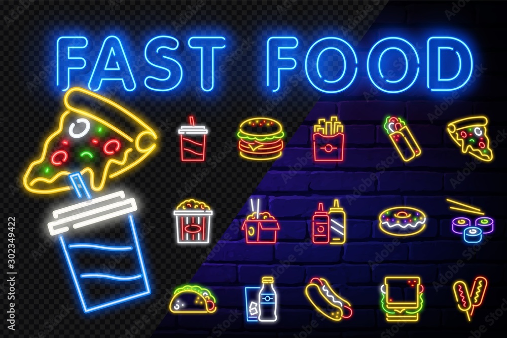 Food and drink neon sign. Fast Food neon sign vector set. Big Burger ...