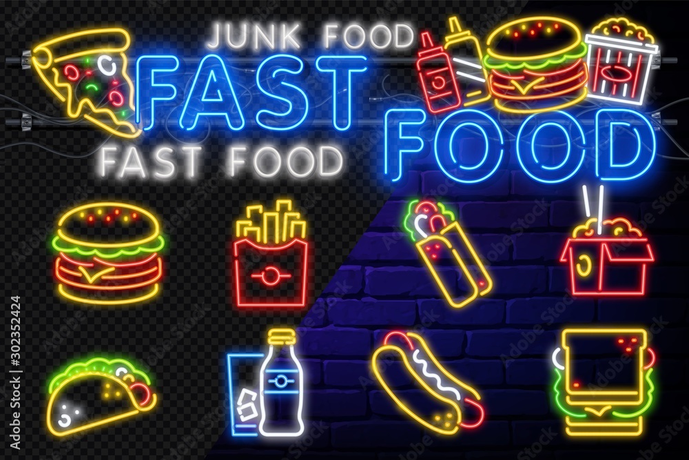 Food and drink neon sign. Fast junk Food vector set. Big Burger, Hot ...