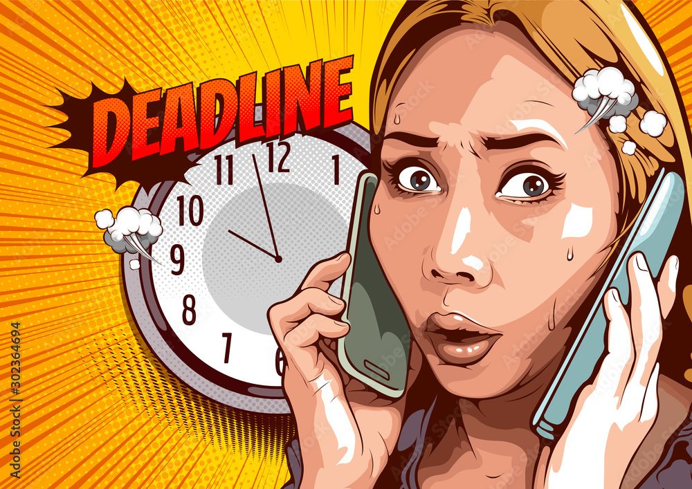 comic book style stock images, woman using two phones, She is busy and ...