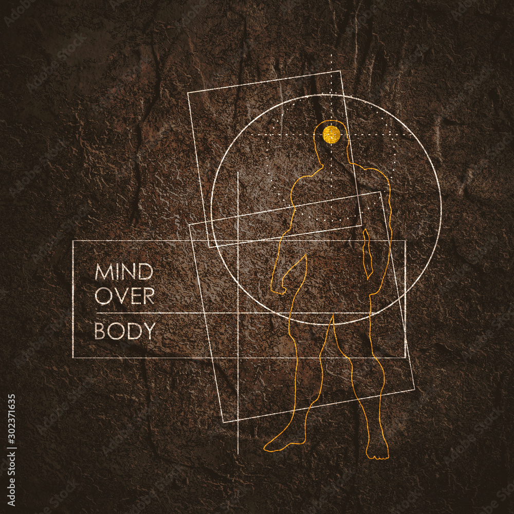 Bodybuilder and geometry shapes. Icon of the posing athlete. Mind over ...