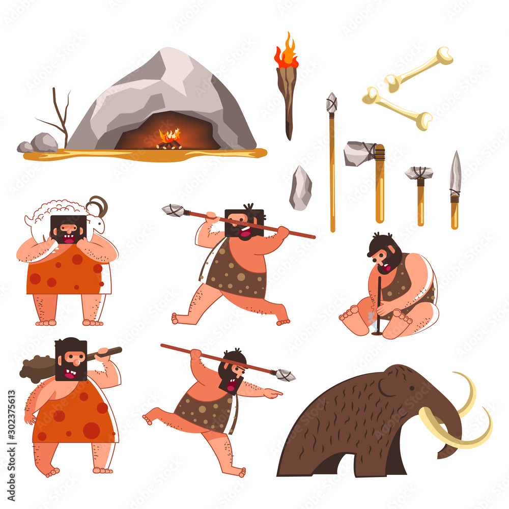 Poster Stone age and caveman, prehistoric tools and weapon, isolated ...